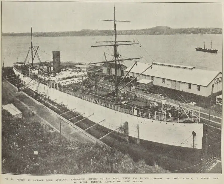 The S.S Niwaru in Calliope Dock, Auckland, undergoing repairs to her ...