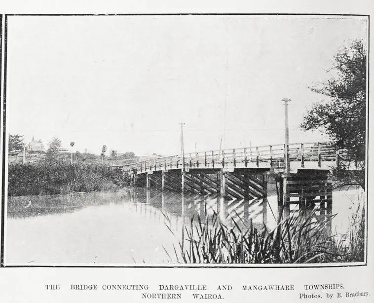THE BRIDGE CONNECTING DARGAVILLE AND MANGAWHARE TOWNSHIPS. NORTHERN ...