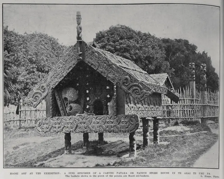 MAORI ART AT THE EXHIBITION: A FINE SPECIMEN OF A CARVED PATAKA OR ...