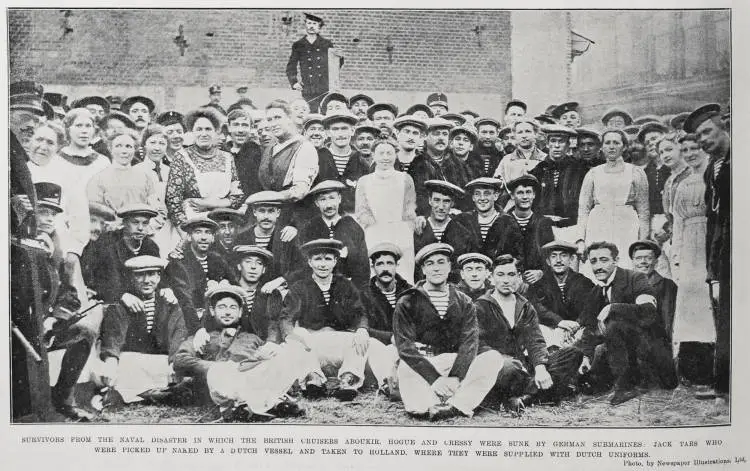 Survivors from the naval disaster in which the British cruisers Aboukir ...