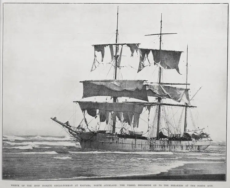 Wreck of the iron barque Anglo-Norman at Kaipara, North Auckland ...