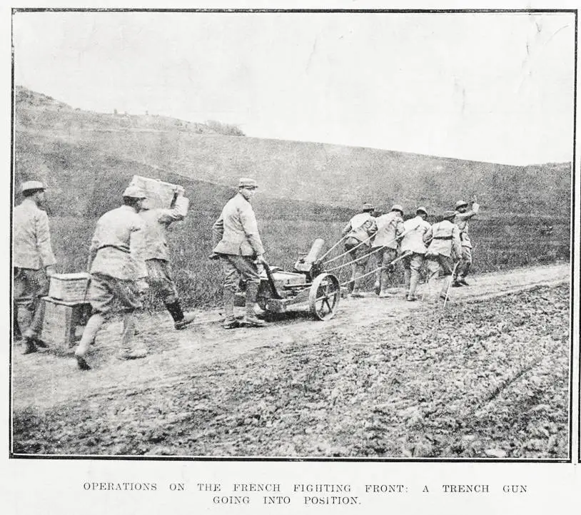 Operations on the French fighting front: a trench gun going into ...