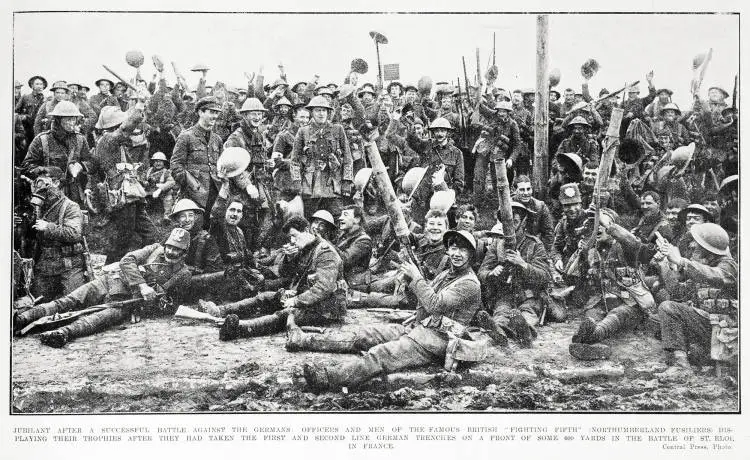 Jubilant after a successful battle against the Germans: officers and ...