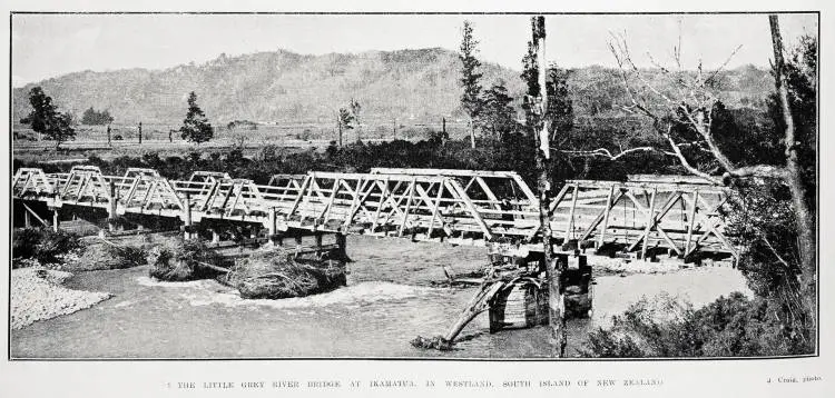 The Little Grey River bridge at Ikamatua, in Westland, South Island of ...