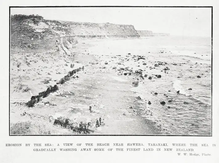 Erosion by the sea: a view of the beach near Hawera, Taranaki, where ...