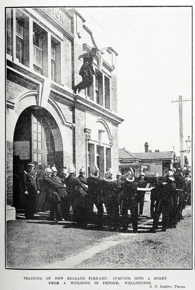 Training of New Zealand firemen: jumping into a sheet from a building ...