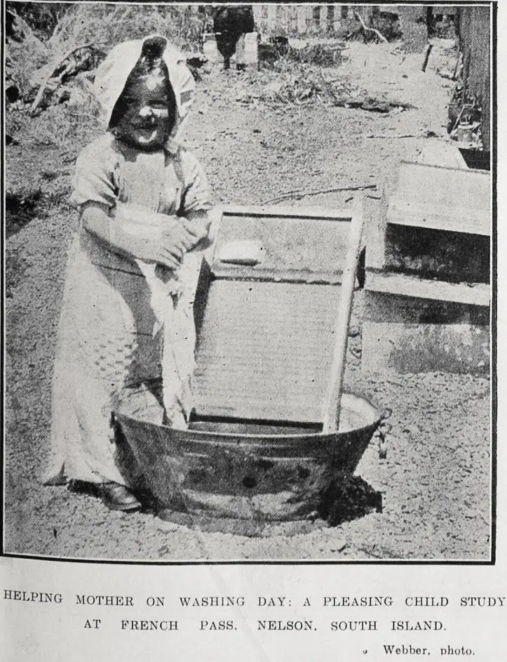 Helping mother on washing day: a pleasing child study at French Pass, Nelson, South Island ...