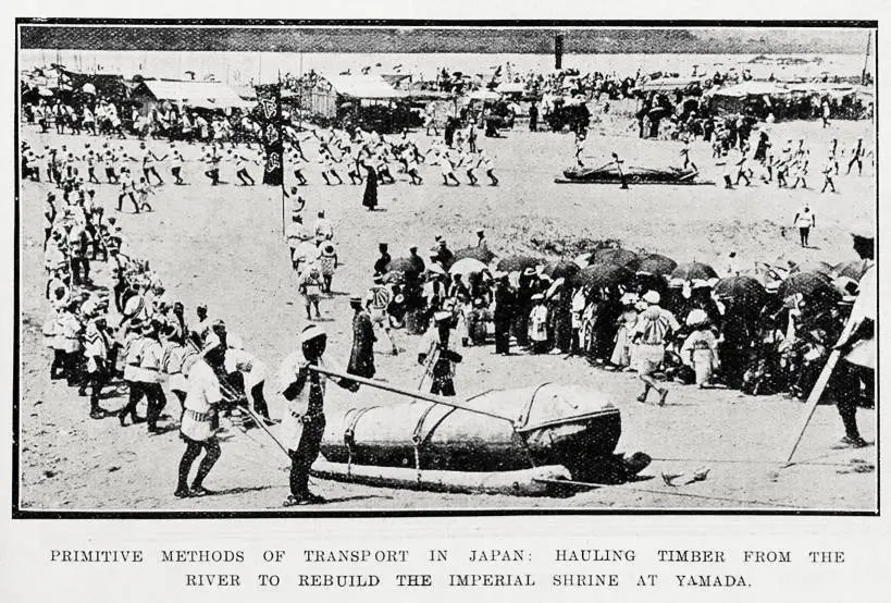 Primitive methods of transport in Japan: hauling timber from the river ...