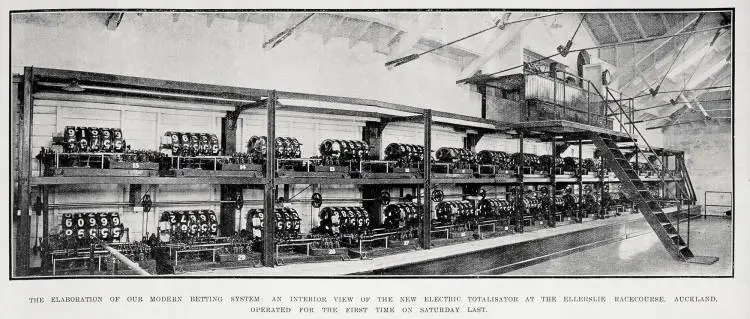 An interior view of the new electric totalisator at the Ellerslie ...