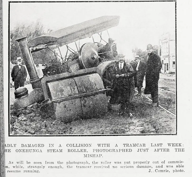 Badly damaged in a collision with a tramcar: the Onehunga steam roller ...