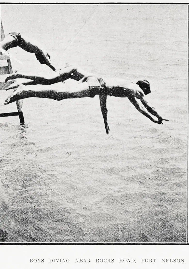 Boys diving near Rocks Road, Port Nelson | Record | DigitalNZ