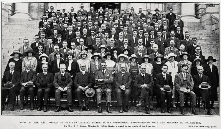 Staff at the head office of the New Zealand Public Works Department, photographed with the ...
