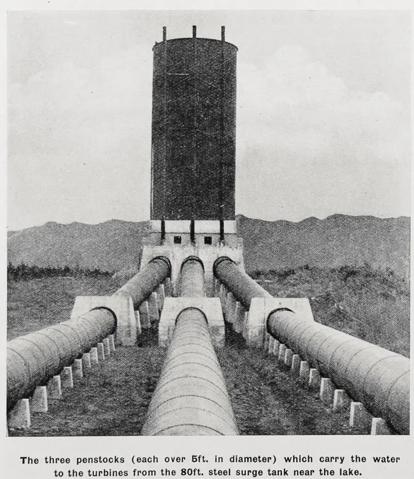The three penstocks (each over 5ft. in diameter) which carry the water ...