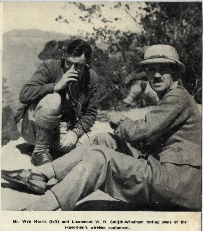 Mr. Wyn Harris (left) and Lieutenant W. R. Smith-Windham testing some ...