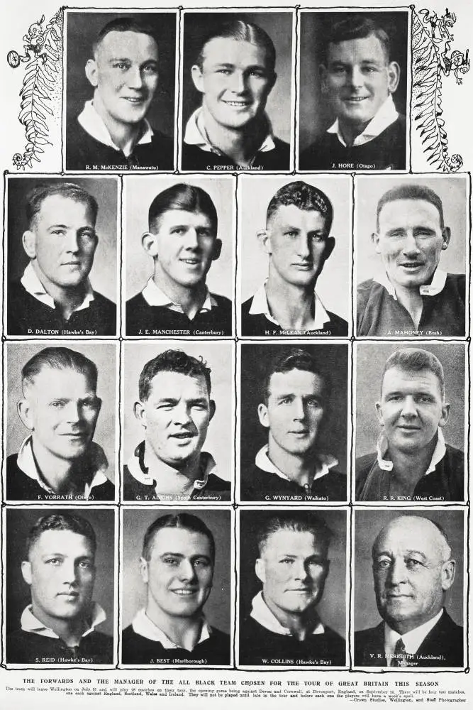 The forwards and the manager of the All Black team chosen for the tour ...