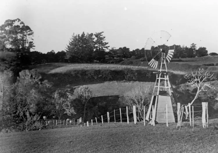 Windmill on Cox family farm, Glenfield, 1950 | Record | DigitalNZ