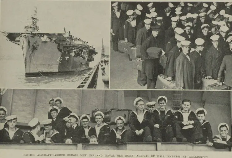 British aircraft-carrier brings New Zealand naval men home: arrival of ...