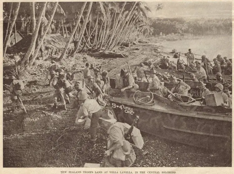 New Zealand troops land at Vella Lavella, in the Central Solomons ...