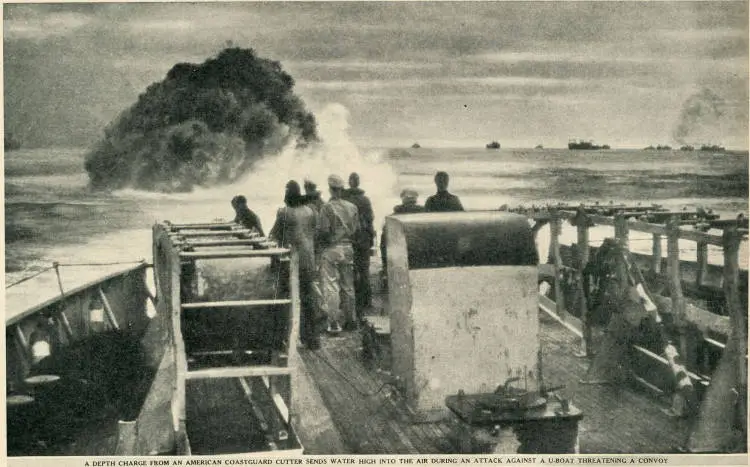 A depth charge from an American coastguard cutter sends water high into ...