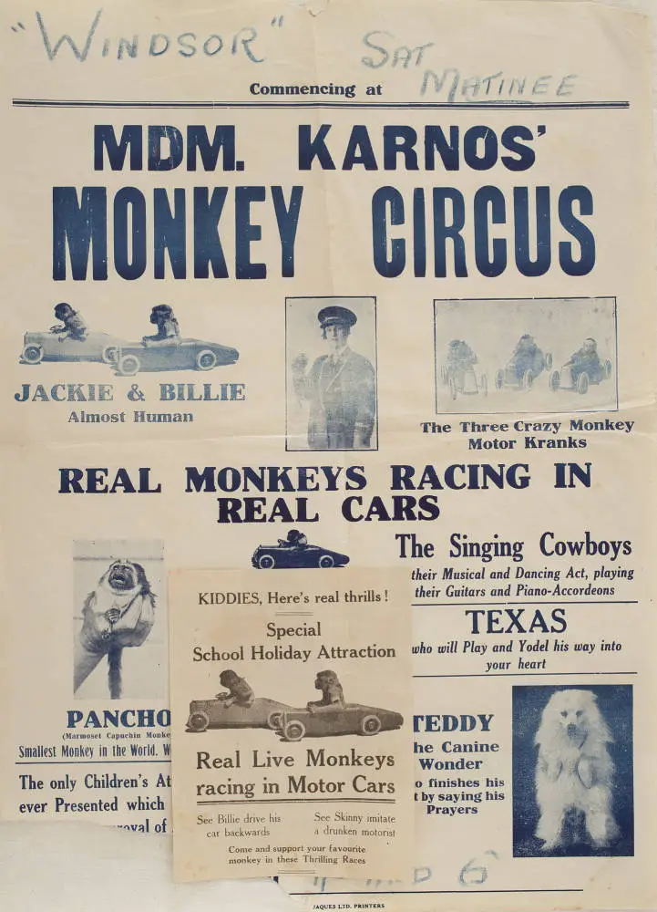 Advertising a monkey circus, Papakura, 1938. | Record | DigitalNZ