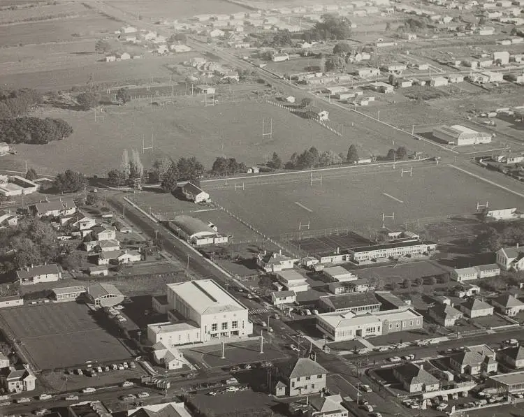 Aerial view of central Pukekohe, 1961 | Record | DigitalNZ
