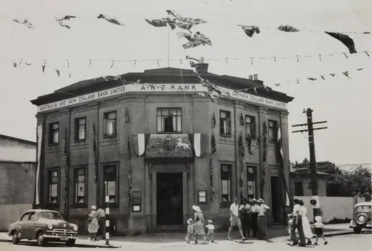 Decorated bank building, Pukekohe, 1953 | Record | DigitalNZ