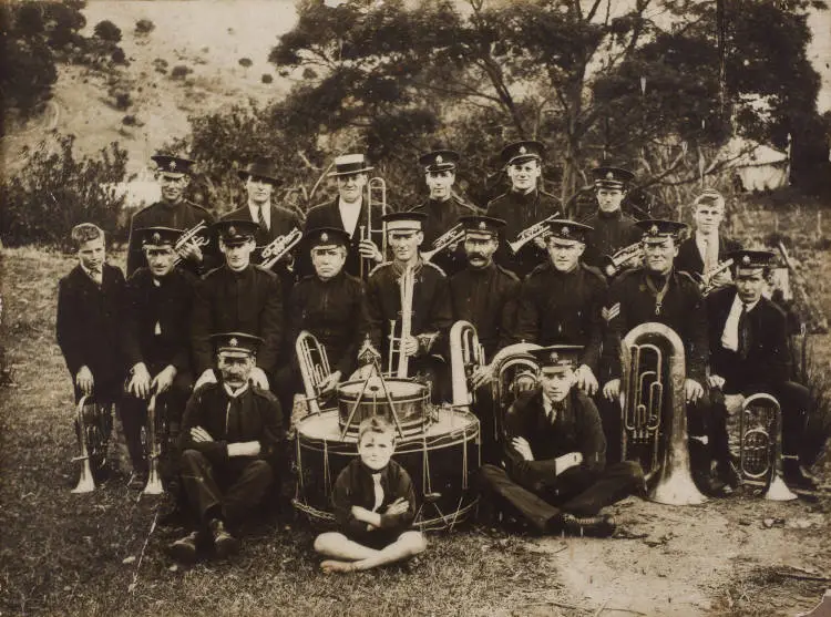 Brass band, unidentified location, ca 1920 | Record | DigitalNZ