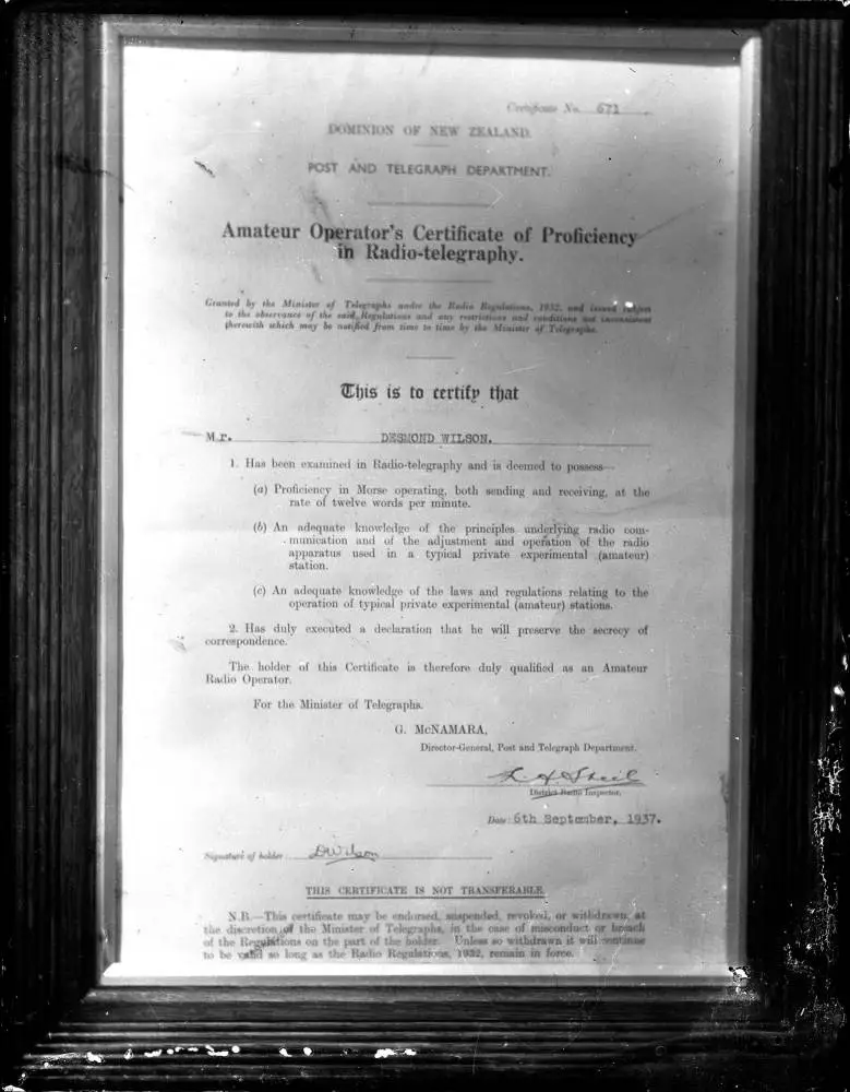 Desmond Wilson's Ham Radio Certificate | Record | DigitalNZ