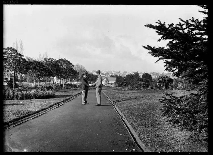 Two men shaking hands, Albert Park, 1898 | Record | DigitalNZ