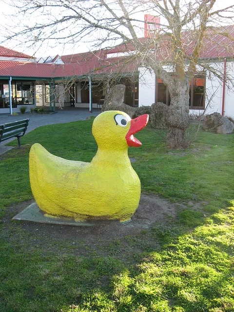 Yellow concrete duck outside Waipawa Library | Record | DigitalNZ
