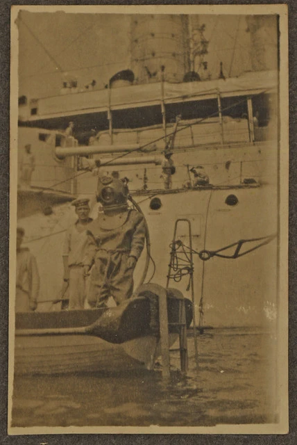 Navy diver and HMS Implacable? Suez Canal, 1916? / WRD Laurie | Record | DigitalNZ