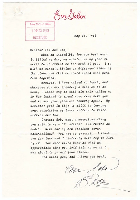 Letter from Eva Gabor to Thea and Robert Muldoon, 1982 | Record | DigitalNZ
