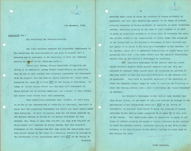 Statement by Joseph Gordon Coates that NZ will not endorse section 18 ...