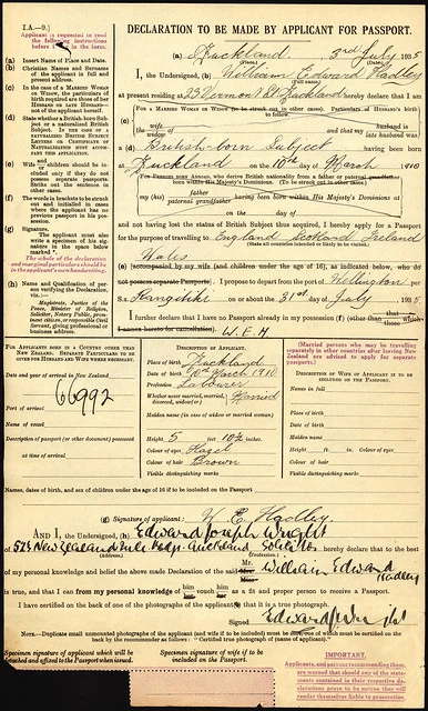 William Edward Hadley passport application | Record | DigitalNZ