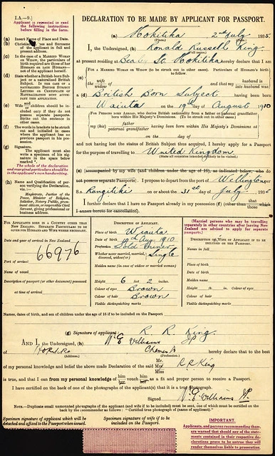 Ronald Russell King passport application | Record | DigitalNZ