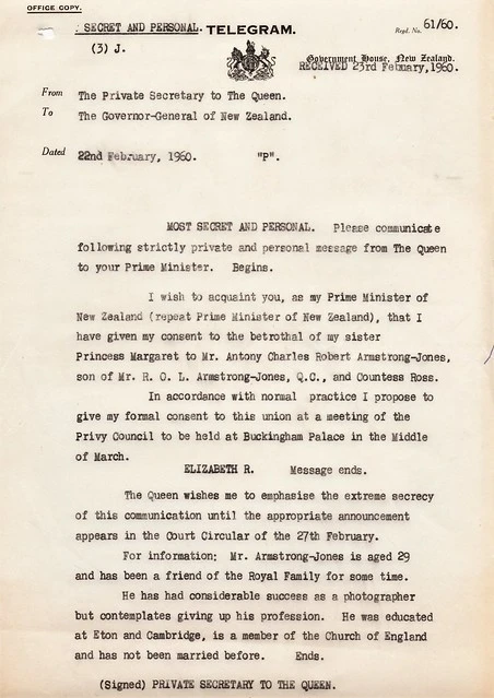 Telegram from Buckingham Palace to the New Zealand Governor General ...