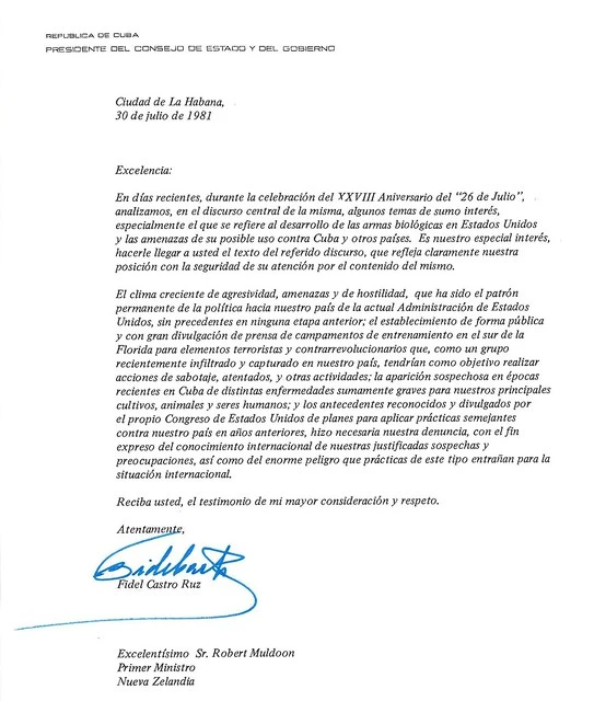 Letter to Rt. Hon. Robert Muldoon from Fidel Castro Ruz, President of ...