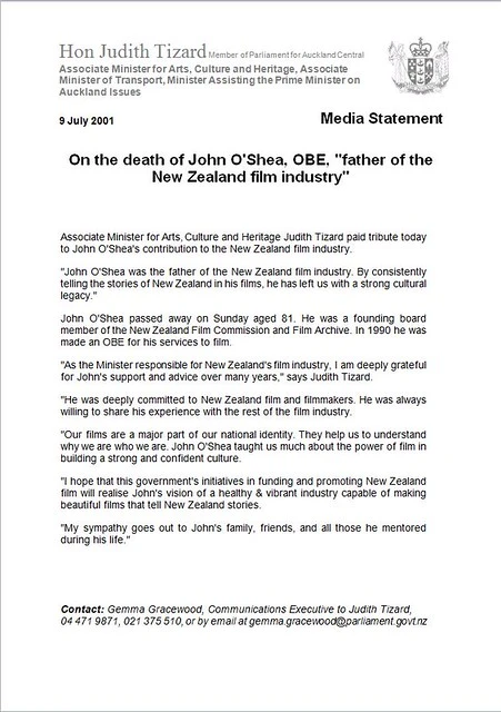 Judith Tizard statement after death of John O'Shea (2001) | Record ...