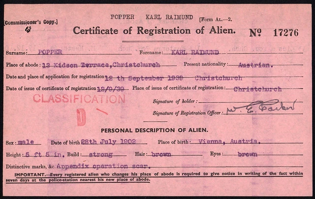 Karl Raimund Popper: Certificate of Registration of Alien | Record ...