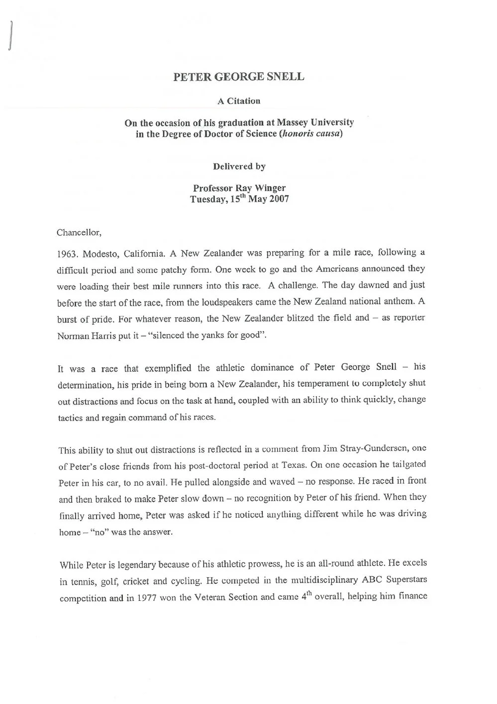 Honorary doctorate citation, Peter George Snell, 2007 | Record | DigitalNZ