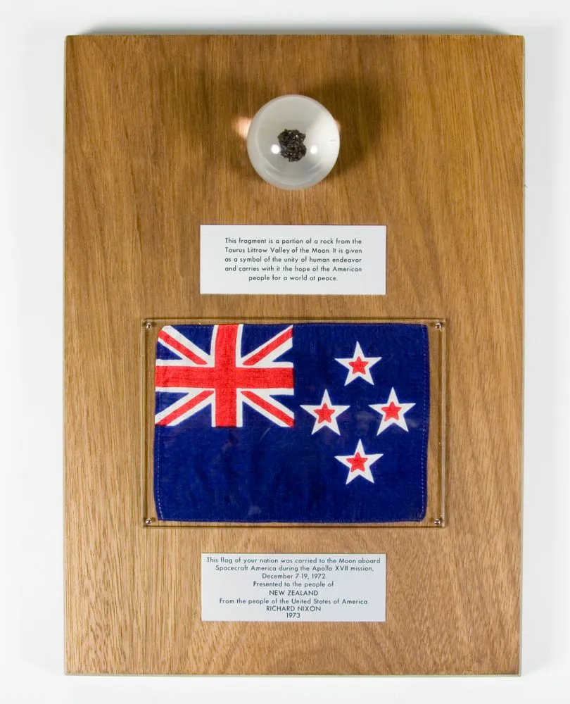 Moon Rock Sample with Presentation Plaque and Flag | Record | DigitalNZ
