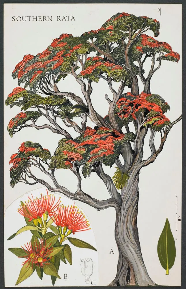 Watercolour illustration of southern rata (Metrosideros umbellata ...