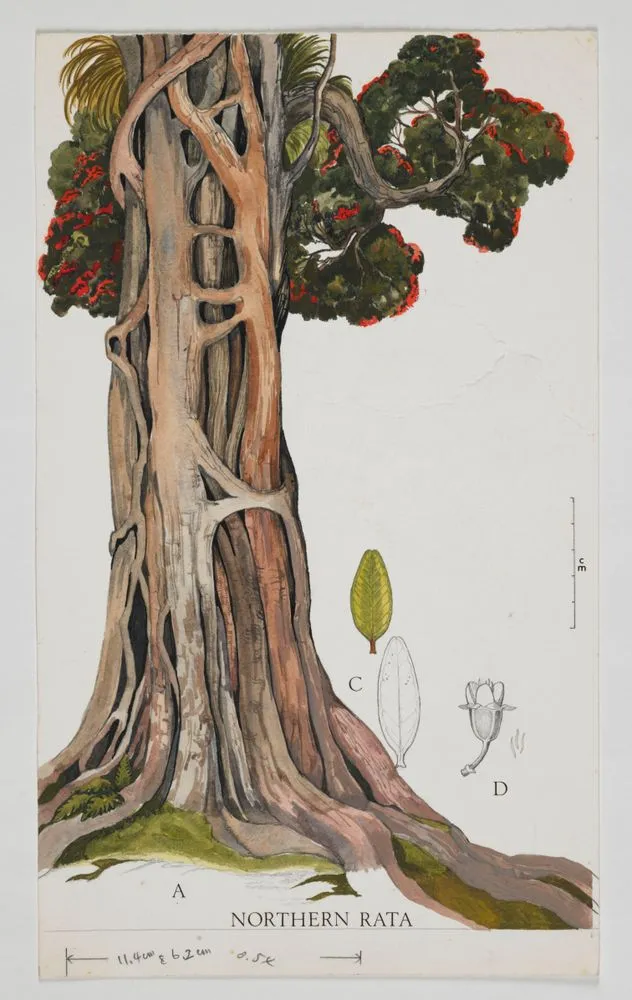 Watercolour illustration of northern rata (Metrosideros robusta ...