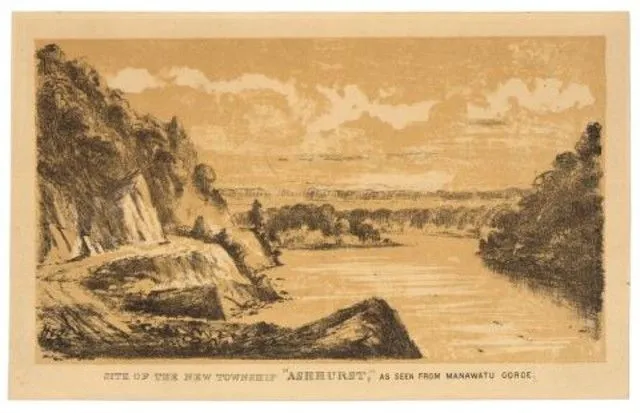 Site of the new township, 'Ashhurst' as seen from the Manawatu Gorge ...
