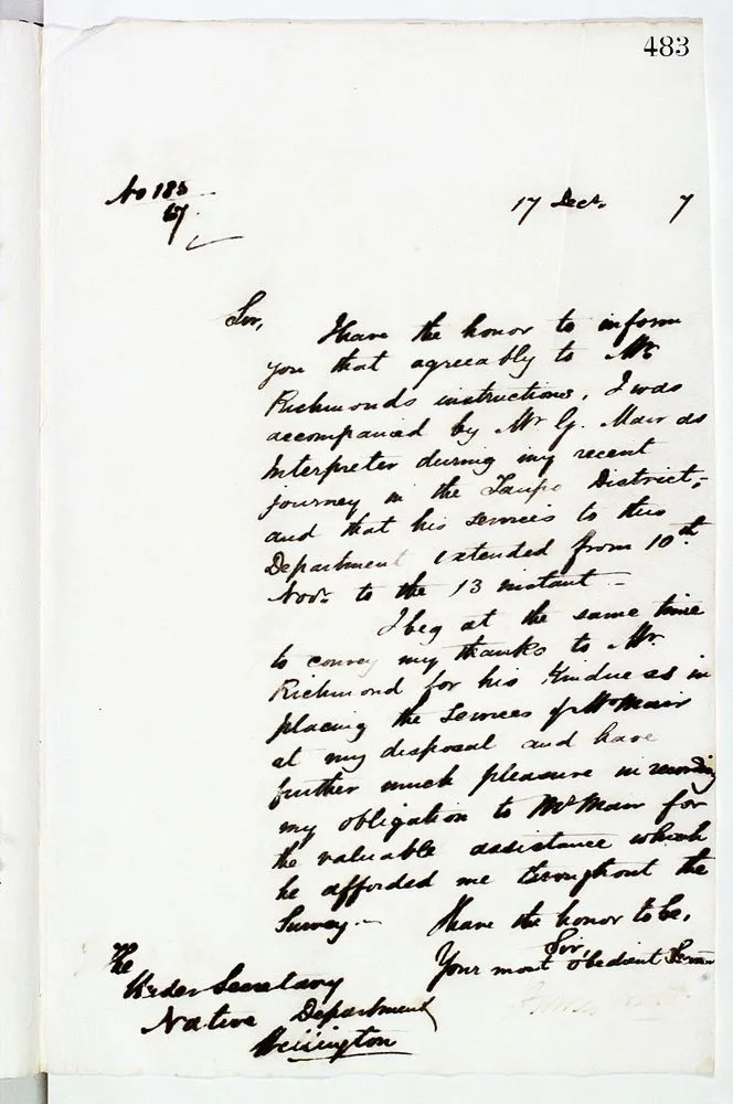 Outward letter: Under Secretary, Native Office (Re: Mair, Gilbert Mr ...