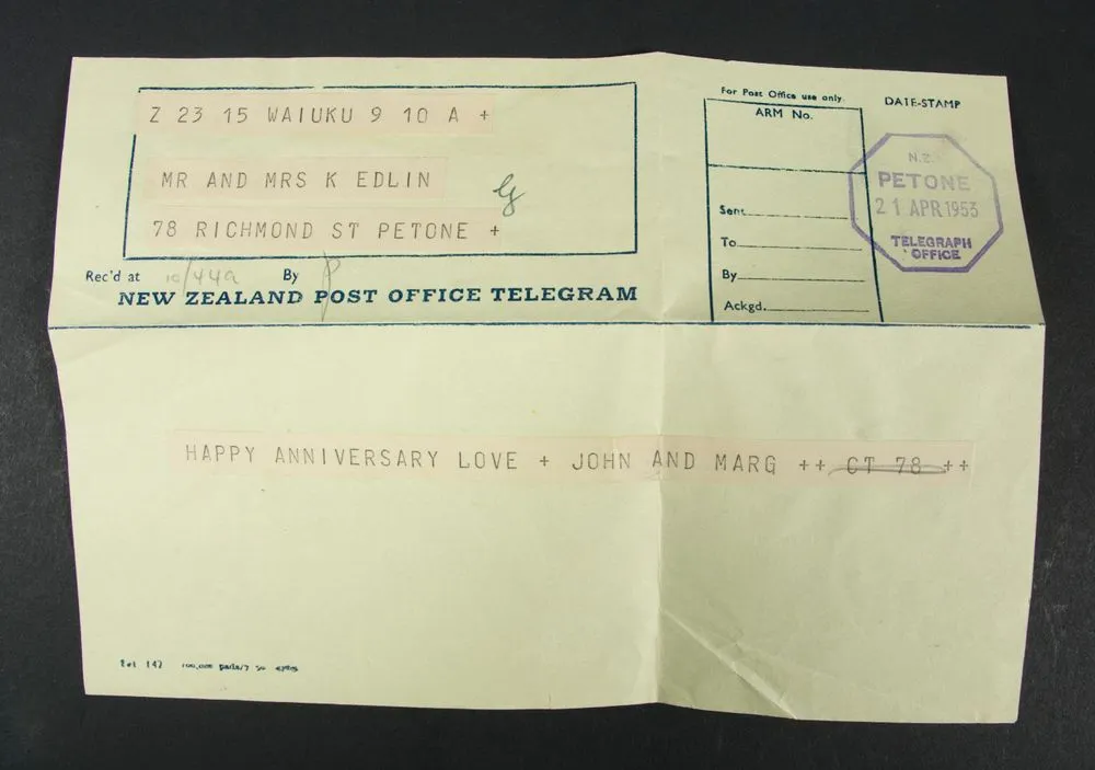 Wedding anniversary telegram | Record | DigitalNZ