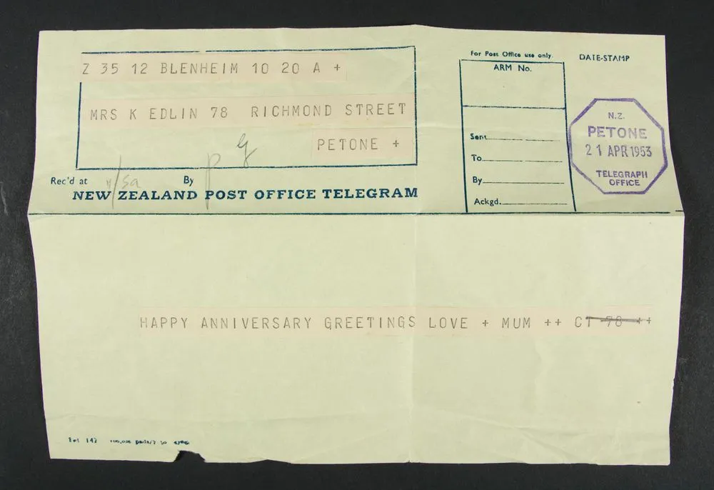 Wedding anniversary telegram | Record | DigitalNZ