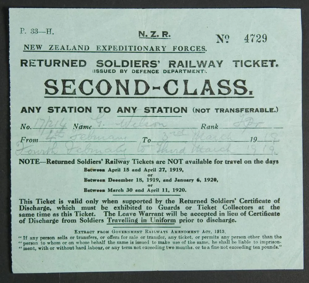 Returned Soldier's Railway Ticket | Record | DigitalNZ