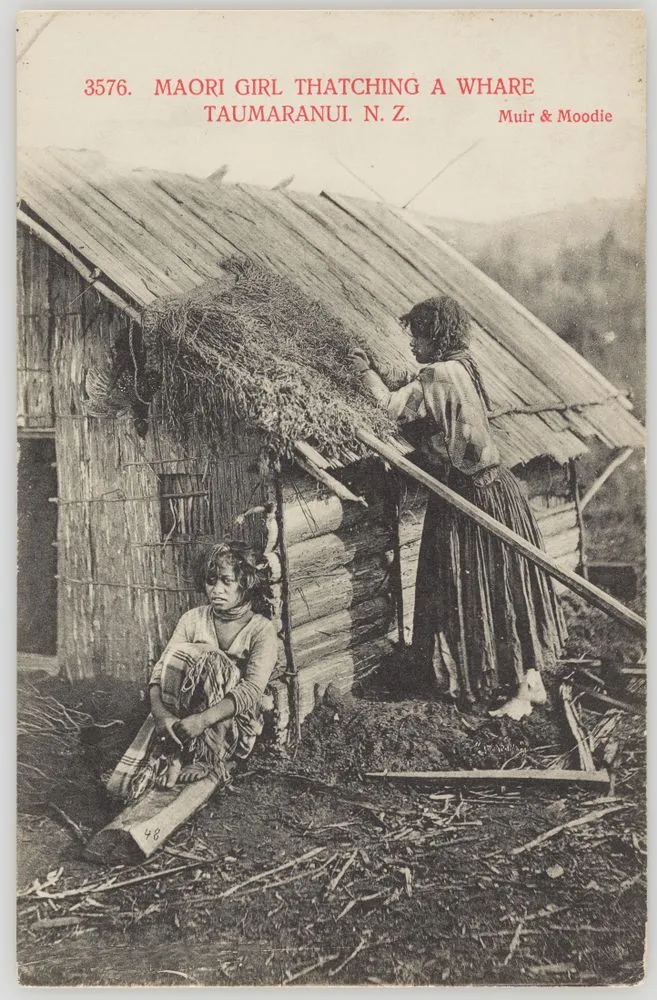 Maori Girl thatching a Whare, Taumaranui, New Zealand | Record | DigitalNZ