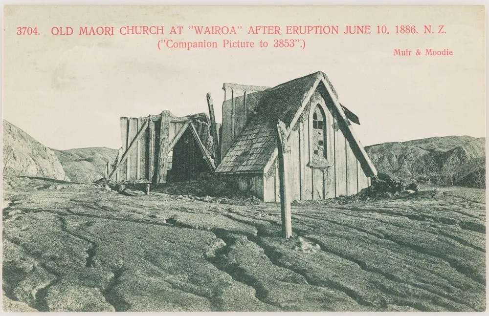 Old Maori Church at "Wairoa" after eruption June 10, 1886. N.Z ...